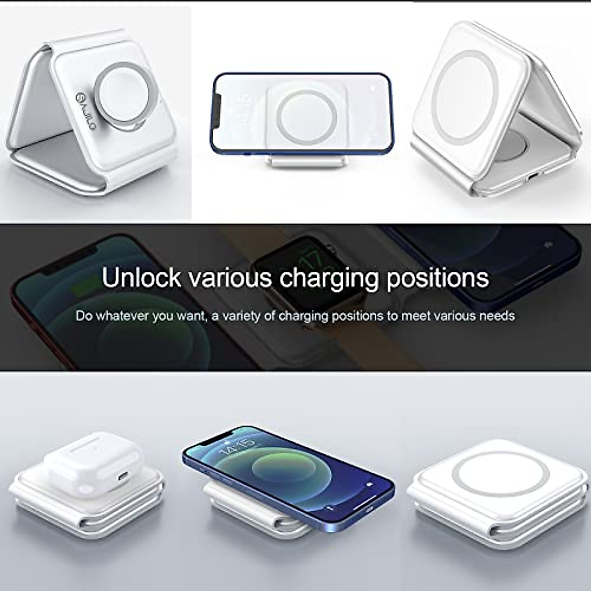 SAJILO 3 in 1 Wireless Charger, Foldable Charging Station, 15W Portable Magnetic Fast Charging Pad Compatible with iPhone 14/13/12/SE/11, Samsung Galaxy, iWatch, AirPods Pro & Qi Devices (Black)