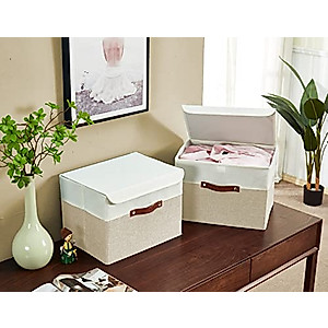 DECOMOMO Foldable Storage Bin with Lids [3-Pack] Collapsible Sturdy Cationic Fabric Storage Basket Box Container W/Handles for Organizing Shelf Nursery Linen (Beige and White, 15 x 11 x 11” – 3 Pack)