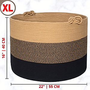 MINTWOOD Design XXXXLarge 22 x 16 Inches Decorative Cotton Rope Basket, Blanket Basket Living Room, Laundry Basket, Woven Basket, Round Toy Storage Baskets Bin for Pillows, Towels, Black Jute