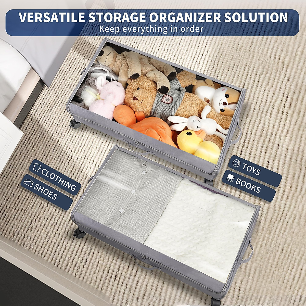 STO STO Under Bed Storage with Wheels, 1 Pack Under Bed Drawer Storage Organizer with Clear Lid and Handles, Metal Frame Under Bed Rolling Storage Containers for Clothes Shoes Blankets, Gray