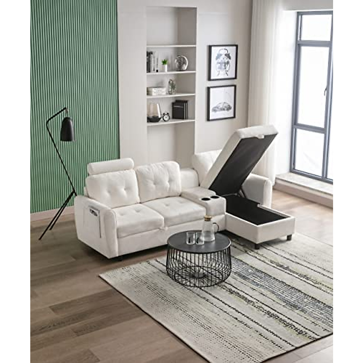 FANYE L-Shaped Corner Sectional Reversible Storage Chaise, Modern Convertible Sofa & Couch W/Headrest and Cupholders for Home Apartment Office Living Room, White Polyester