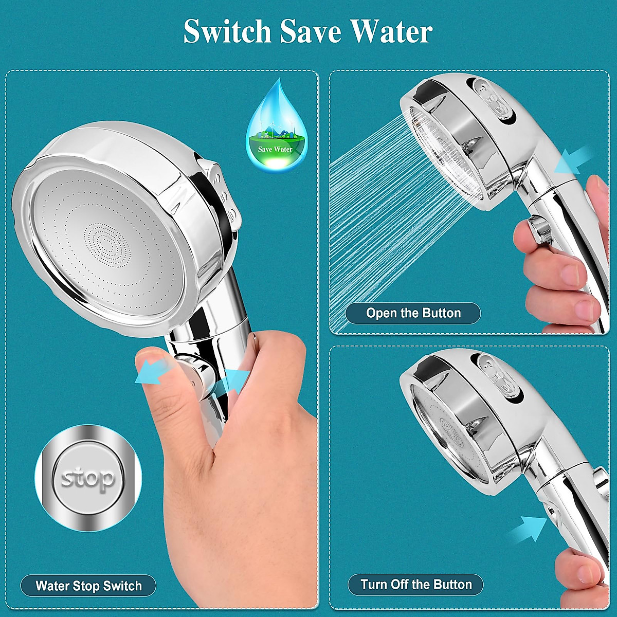 High Pressure Handheld Shower Head with ON/OFF Pause Switch,3 Spray Modes Water Saving Detachable Shower Head with Adjustable Holder and Long Hose,Perfect For Pet Washing&Baby Bath