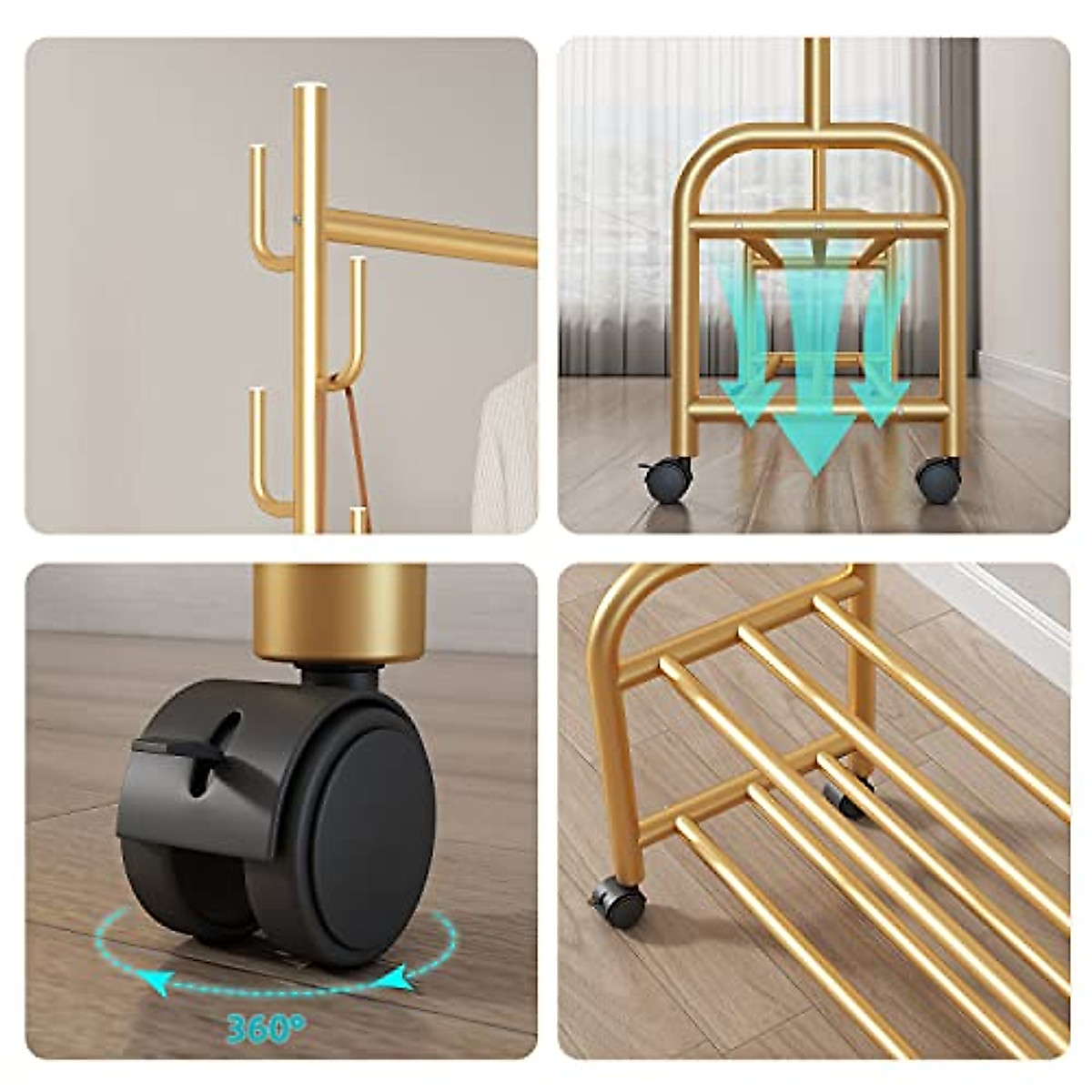GAMNOF Gold Clothes Rack with Wheels Gold Garment Rack with Storage Shelf Freestanding Gold Clothing Racks for Hanging Clothes