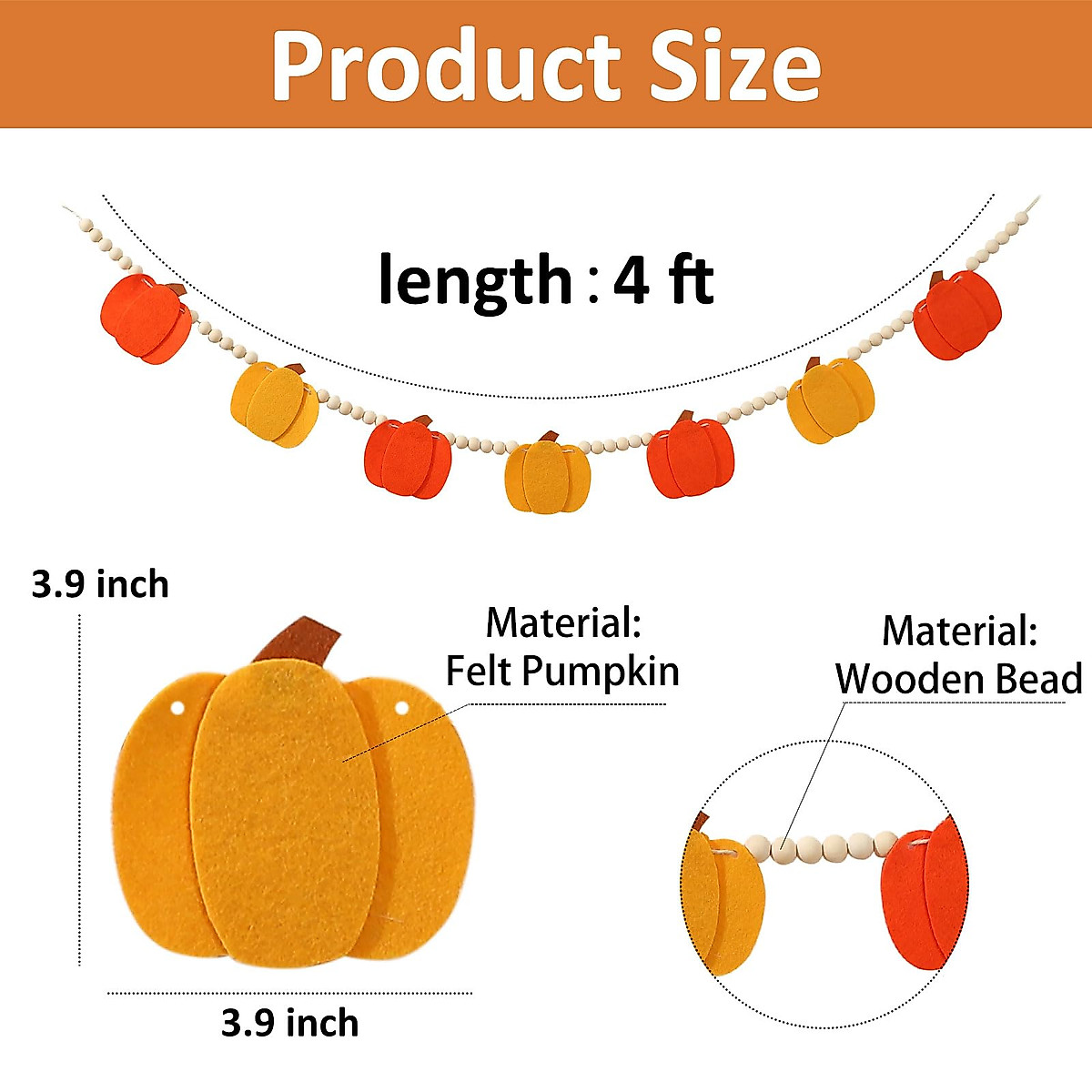 Fall Decor-Fall Decorations for Home-Felt Pumpkins Wood Bead Garland for Fall Decor- Halloween Thanksgiving Farmhouse Felt Pumpkins Banner for Fireplace Mantel Walls