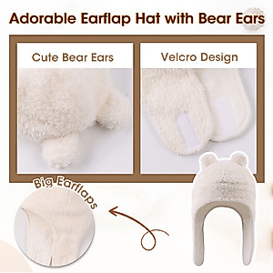 Fleece Baby Hat and Mitten Set Winter Toddler Beanie Warm Scarf Infant Ears Earflap Hood Scarves Caps for Baby Boys Girls (White, S)