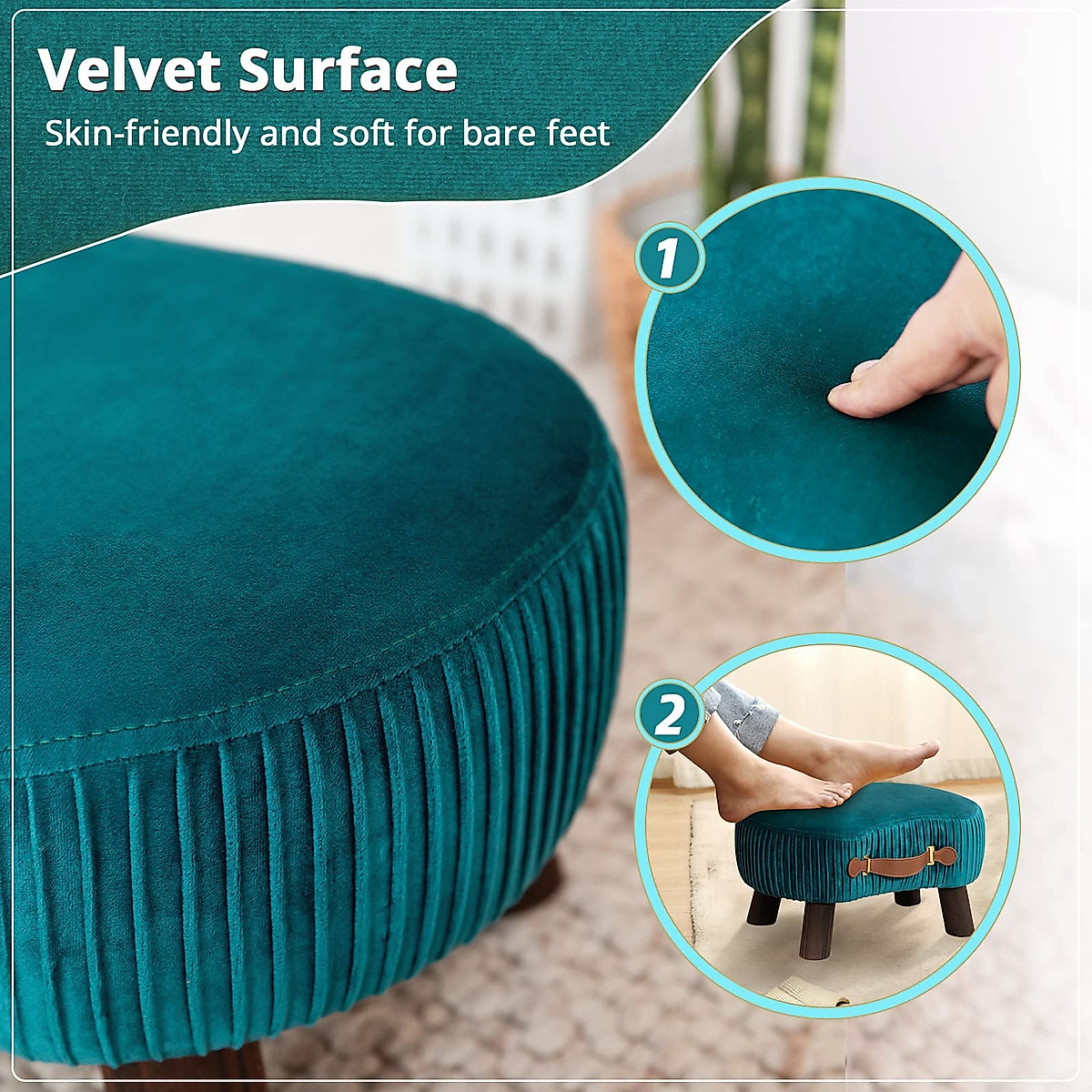 LUE BONA Small Curved Foot Stool with Handle, Velvet Footstool and Ottomans, Modern Foot Rest with Wooden Legs, Step Stool with Padded Seat for Couch, Living Room, Teal