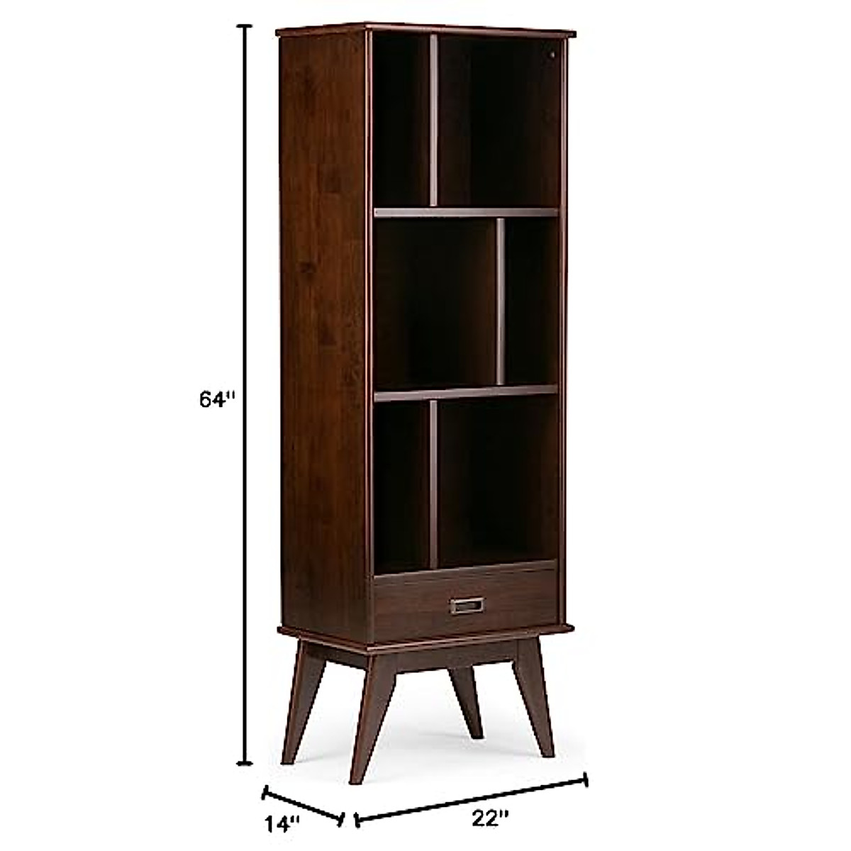SIMPLIHOME Draper SOLID HARDWOOD 22 Inch Mid Century Modern Bookcase and Storage Unit in Medium Auburn Brown, For the Living Room, Study Room and Office