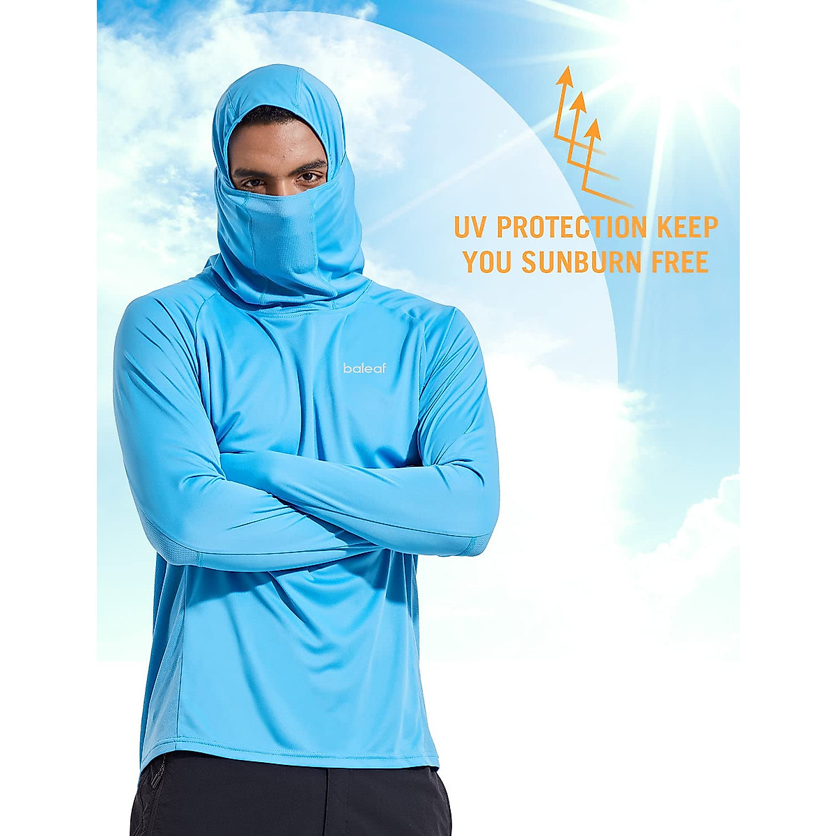 baleaf Mens Shirt UV SPF Hoodie Shirt UPF 50+ Sun Protection T-Shirts with Mask Rash Guard Fishing Lightweight,02-Blue, 3X-Large, Long Sleeve