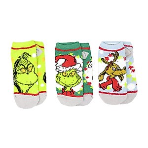 Bioworld Dr. Seuss The Grinch Who Stole Christmas 3 Pair Pack Juniors/Womens Ankle Socks Shoe Size 5-10