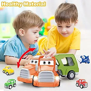 VESIHOLO Toy Trucks, Toddler Toys Car for Boys and Girls, Toys for 3 4 5 6 Year Old, 5-in-1 Push Back Toy Vehicle, Toy Trucks, Car Trucks with Light Sound for Kids, Birthday Gift Toys