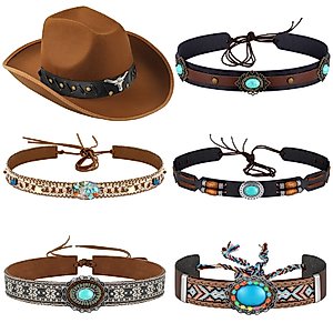 6 Pcs Cowboy Hat Band Replacement Ethnic Western Hat Belts Rural Classical Mexican Turquoise Hatbands (Classic Style)