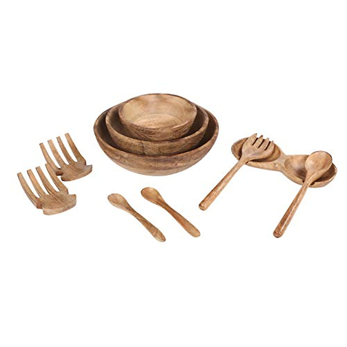 Winlay Wooden Serving Bowls with Spoon set 3 Mango Wooden Salad Bowl along with spoons and Salad Bowls mixer kitchen bowls Popcorn bowls 3 Size 10" x 7.75" x 6" Width, Burn Brown finish