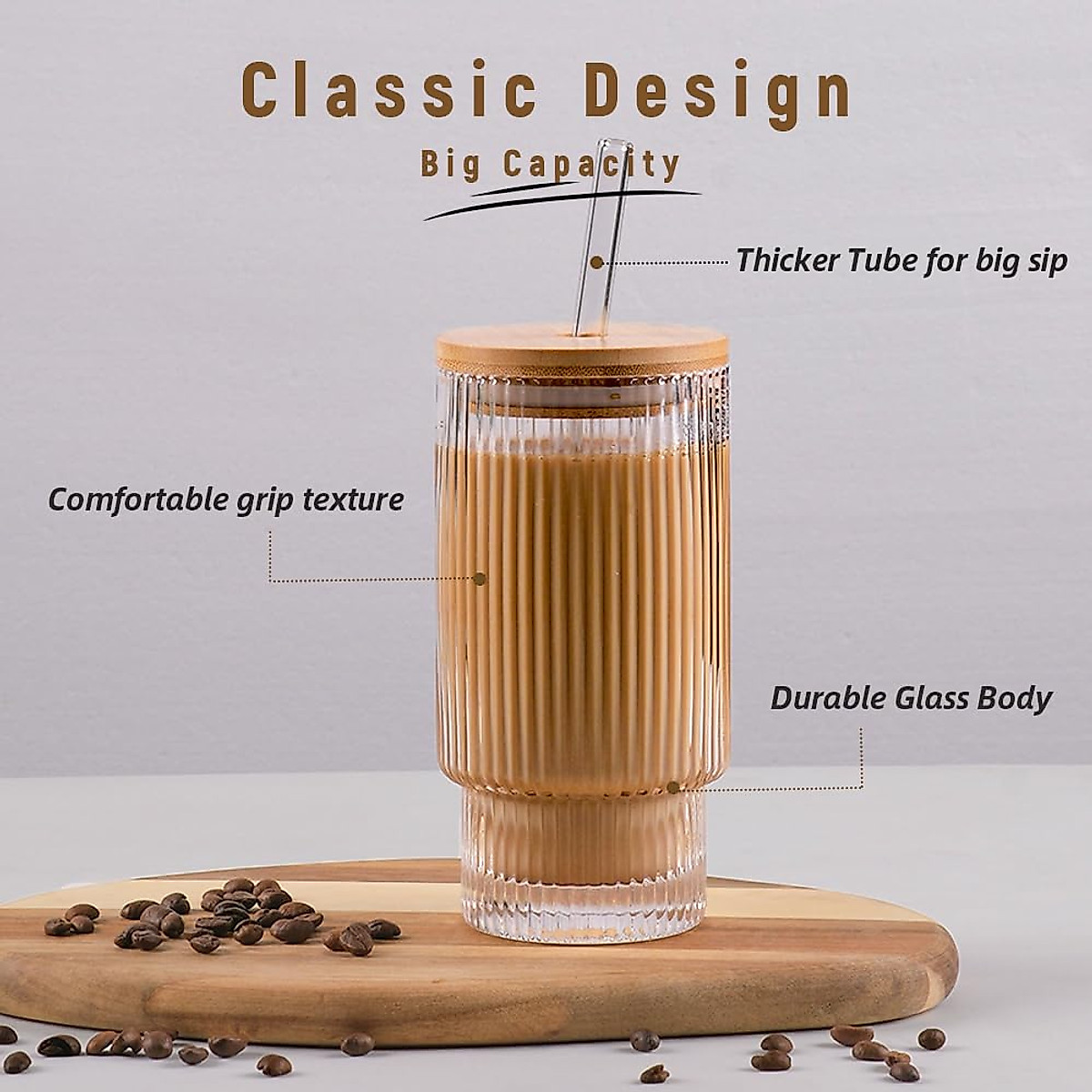 Greefun Ribbed Glassware Set of 4, 20oz Origami Style Drinking Glass Cup with Lid and Straw, Iced Coffee, Cocktail, Beer, Juice Stackable Drinking Glasses, Perfect for indoor and outdoor use