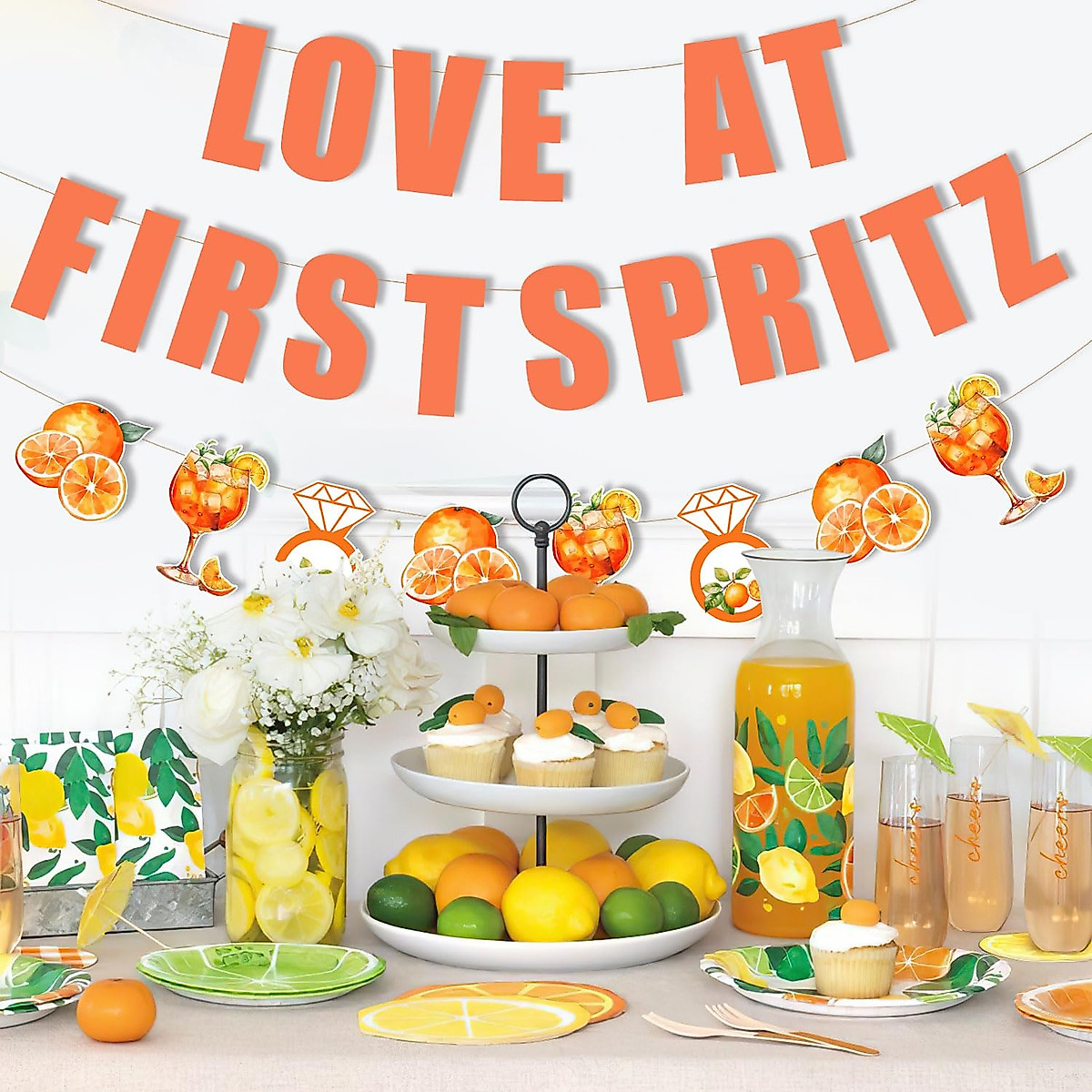 Love at First Spritz Banner Garland Sweet Orange Cocktail Bridal Shower Citrus Party Decor Mimosa Bridal Shower Spritz Bar Decor for Women Carnival Bridal Shower Bachelorette Wedding Party Supplies