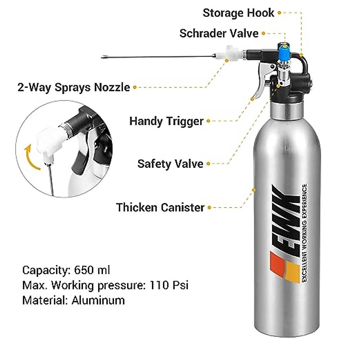 EWK Patented Aluminum Refillable Aerosol Spray Can, Pneumatic Compressed Air Sprayer for Lubrication and Anti-Rust