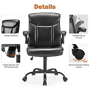 Sweetcrispy Ergonomic Executive Office Chair: Height Adjustable PU Leather Office Chair Flip-up Arms Mid Back Desk Chair with Wheels Computer Chair with Lumbar Support, Black