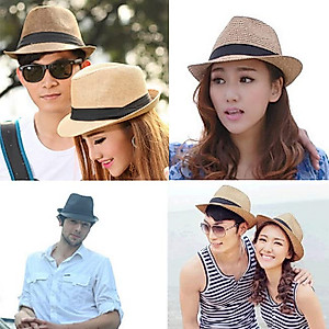 FALETO Unisex Summer Panama Straw Fedora Hat Short Brim Beach Sun Cap Classic (#011 Pack for 4 Colros)