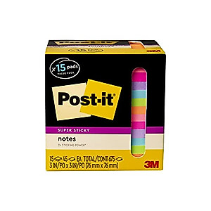 Post-it Super Sticky Notes, 3x3 in, 15 Sticky Note Pads, 2x the Sticky Power, Bright Colors, Post-it Notes, Super Sticky Note Pads, Stick Notes, Sticky Pad, Colorful Sticky Notes Pack (654-15SSCP)