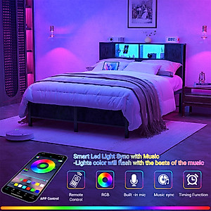 Homieasy Full Size Bed Frame with Storage Headboard and Charging Station, Industrial Platform Metal Bed with LED Lights, Steel Slat Support, No Box Spring Needed, Noise-Free, Easy Assembly, Grey Oak