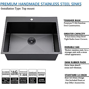 SHACO 25x22 Inch Black Drop In Kitchen Sink, 25 Inch Gunmetal Black RV Laundry Utility Sink, Top Mount 16 Gauge Stainless Steel Single Bowl Deep Small Kitchen Sink
