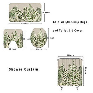 RyounoArt 4 Pcs Green Leaves Shower Curtain Set with Rugs and Accessories Vintage Plant Leaf Shower Curtain with Toilet Cover Waterproof Bathroom Curtain