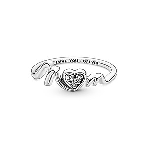 PANDORA Mom Pavé Heart Ring - Ring for Women - Gifts for Mom - Sterling Silver with Clear Cubic Zirconia - Size 7.5 - No Gift Box