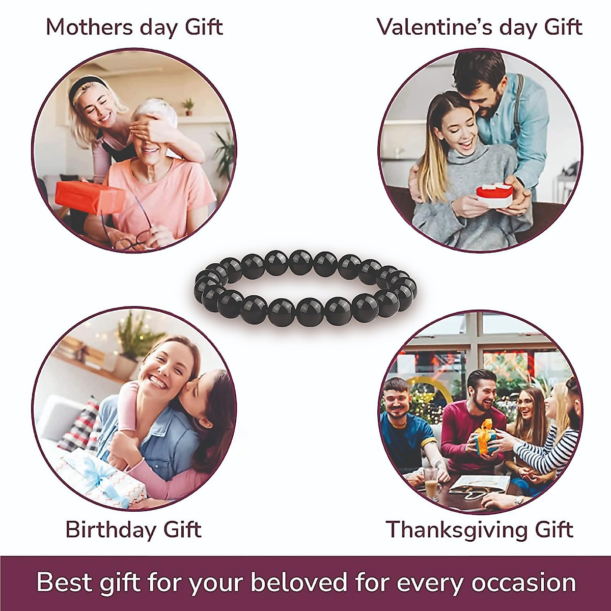 Crystal Vibe Black Obsidian Bracelet - Healing Crystal Bracelet for Spiritual Healing Positive Energy Stress Relief– 8mm Round Black Beaded Bracelets for Women Men - Elastic Adjustable Size