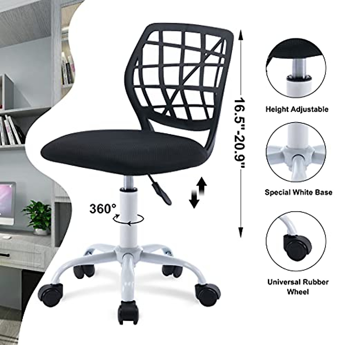 HOMEFUN Kids Desk Chair Cute Computer Office Bedroom Mesh Chair Ergonomic Swivel Armless Study Chair with Adjustable Height for Boys Girls Teens, Black