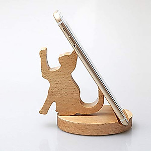 MHKBD Cute Cat Cell Phone Stand, Wooden Phone Stand Cell Phone Holder Desktop Cellphone Stand Universal Desk Stand for All Smart Phone Desk Decoration, Great Gift for Cat Lover Valentines Gift