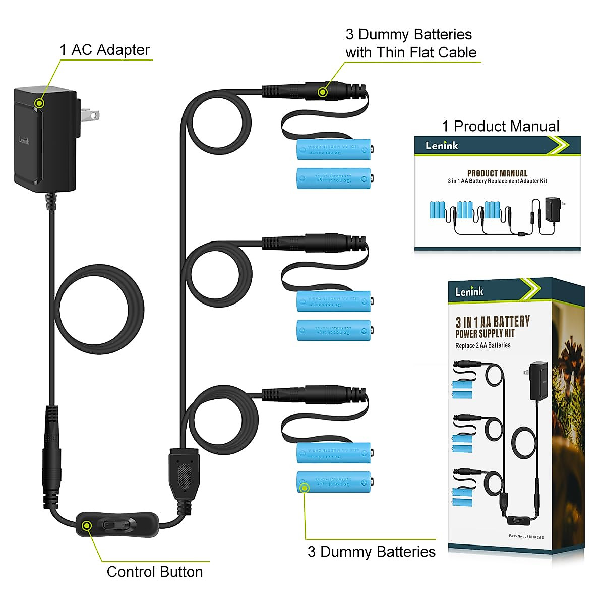 Lenink 1 to 3 AC Power Supply Adapter Kit with On/Off Switch, Battery Replacement for AA Battery (Black)