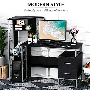 HOMCOM 52" Modern Computer Desk with Storage Shelves and Drawers, Home Office Desk, Study Workstation with CPU Stand, Black