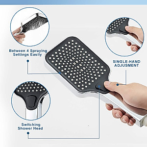 Anjien Hand Held Shower Head with Long Hose, Rainshower Showerhead & Detachable Handheld - Waterfall Shower, Massaging Showerhead & Multifunction Shower Head, High-Pressure Shower Head (Chrome Silver)