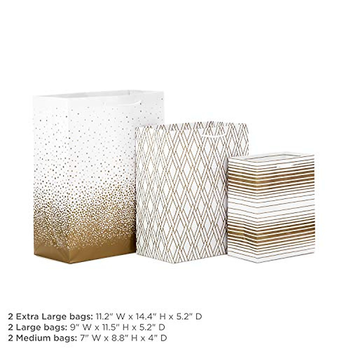 Hallmark Gold Gift Bag Assortment - Diamonds, Stripes, Dots (Pack of 6: 2 Medium 9", 2 Large 11", 2 Extra Large 14") for Chrsitmas, Hanukkah, Graduations, Birthdays, Weddings, Bridal Showers