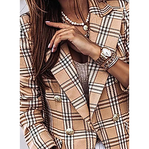 futurino Women's Casual Blazer Front Open Long Sleeve, Double Breasted Blazer Vintage Print Plaid Slim Suit for Women Khaki