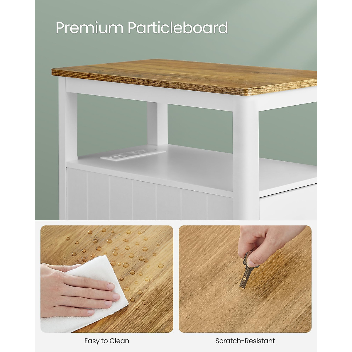 VASAGLE Side Table with Charging Station, Narrow Nightstand with 2 Drawers, Living Room End Table with Storage, for Small Spaces, Coastal Style, Rustic Walnut and Classic White ULET322T14