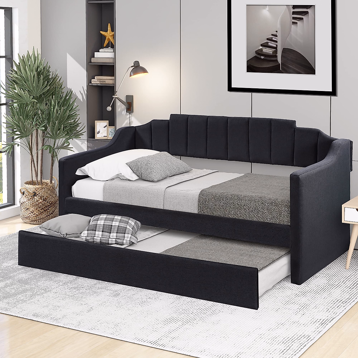 Harper & Bright Designs Twin Upholstered Daybed with Trundle, Wood Daybed Sofa Bed Frame for Living Room Bedroom– Black
