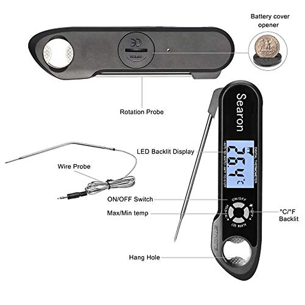 Searon Digital Meat Thermometer, Dual Probe Food Thermometer, 2-4S Instant Read Backlight Waterproof for Cooking Kitchen Oven Safe BBQ Grilling Smoker Baking Turkey