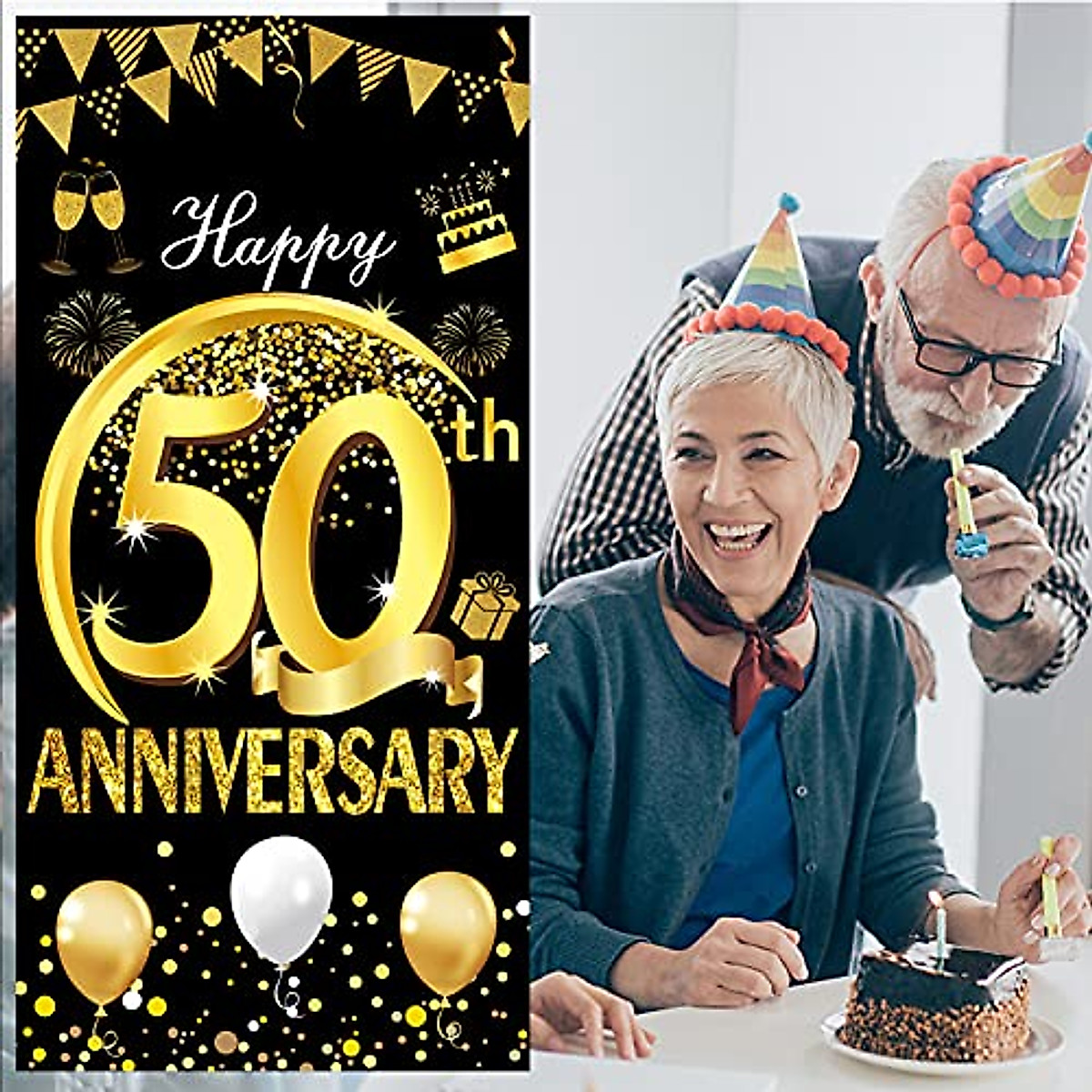 Kauayurk Happy 50th Anniversary Door Banner Backdrop Decorations, Large 50th Wedding Anniversary Door Cover Party Sign Supplies, Black Gold Happy 50th Anniversary Poster Decor