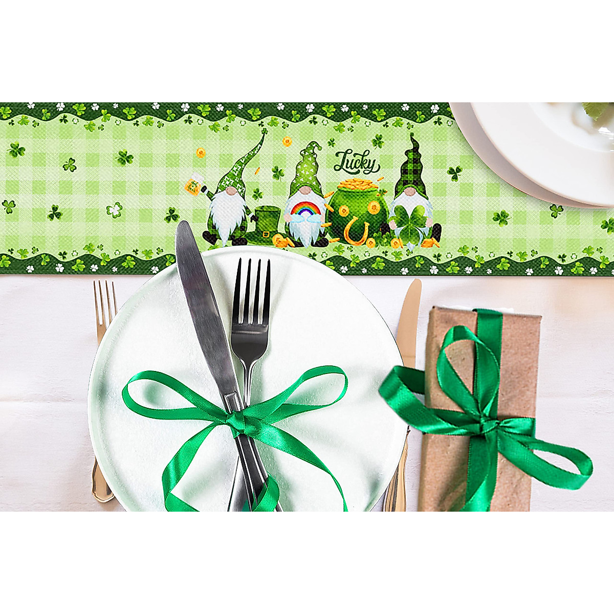 Flyart St Patricks Day Table Runner, Gnomes Spring Green Shamrock Decorations for St. Patrick's Day Party Holiday, St Patricks Day Decorations for Kitchen Dining Table Decor Home Decorr (13x72 inch)