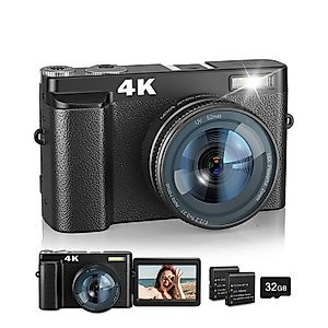 4K Digital Camera with Flash & Selfie, 48MP Camera for Photography with Autofocus 16X Zoom, Anti-Shake Vlogging Camera Compact Travel Digital Cameras with Flip Screen, 32GB Memory Card, Two Batteries