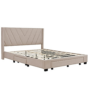 GJHOME Queen Bed Frame with Storage Upholstered Platform Bed Frame with 3 Drawers and Headboard Modern Linen Queen Size Beds with Wooden Slats Support, No Box Spring Box Needed, Beige