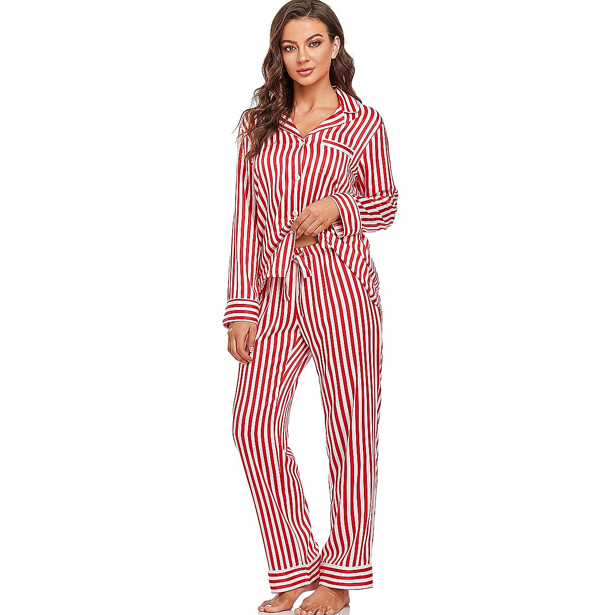 Serenedelicacy Women's Satin Pajama Set Long Sleeve Button Down Sleepwear 2-Piece Striped Silky Pj Set (Medium, Red, Striped)