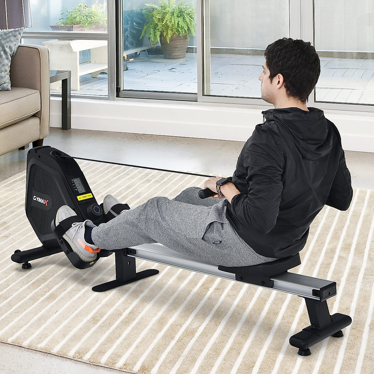 GYMAX Folding Magnetic Rowing Machine, 8 Level Adjustable Rower with LCD Monitor & Device Holder, Full Body Workout Home Gym Exercise Equipment for Small Space