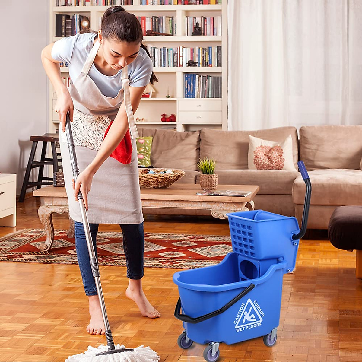 Side Press Wringer Combo Commercial Mop Bucket on Wheels, 33 Quart (Blue)