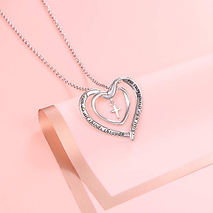 DAOCHONG S925 Sterling Silver Cross Heart Inspirational Christian Faith Bible Verse Pendant Necklace for Women Teen