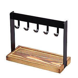 ExoLiry Metal 5-Hook Table Key Holder Torched Wood Base Rustic Industrial Tabletop Countertop Organizer Matte Rack Hanging Hooks Burnt Wooden Bottom Slot Rings Coins Accessories Jewelry Daily Supplies