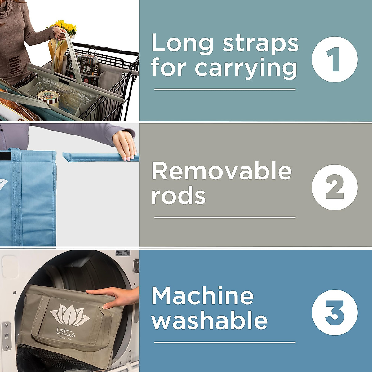 Lotus Trolley Bag Reusable Grocery Cart Bags (Earth Tones) Set of 4 and Reusable Netted Produce Mesh Bags Set of 9