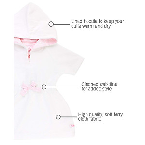 RuffleButts® Baby/Toddler Girls White w/Pink Seersucker Terry Hoodie Swimsuit Cover-Up - 3-6m
