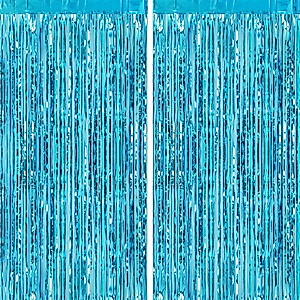 CHRORINE 2pcs 3ft x 8ft Light Blue Metallic Tinsel Foil Fringe Curtains Backdrop for Frozen Mermaid Blue Birthday Party Decorations, Baby Shower Bachelorette Bridal Shower Party Decorations