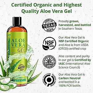 Organic Aloe Vera Gel from freshly cut 100% Pure Aloe - Big 12oz - HighestQuality, Texas grown, Vegan, Unscented - For Face, Skin, Hair, Sunburn relief